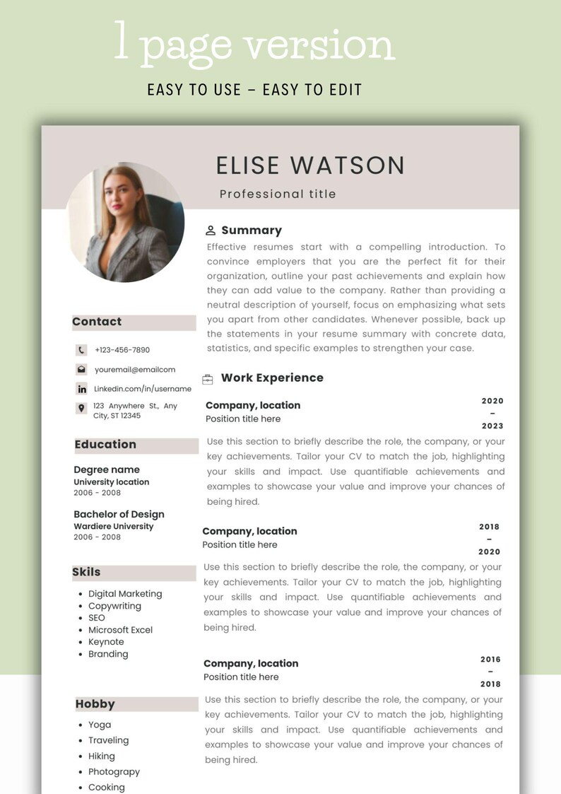 Modern Resume Template With Photo, 2025 Professional Resume Template ...