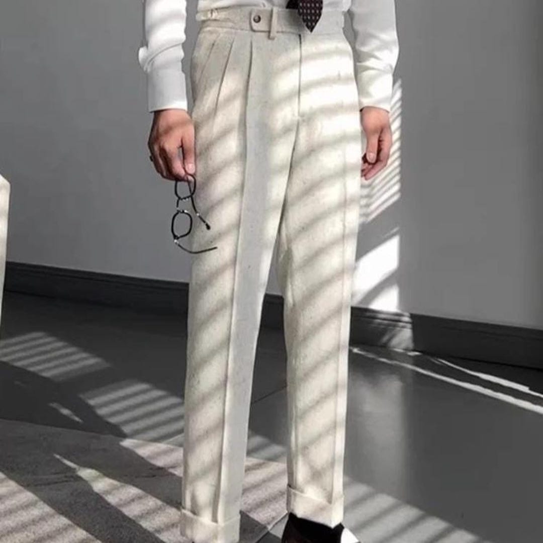 Mens Vintage High Waist Trousers, Woolen Straight Men Pants, Smart ...