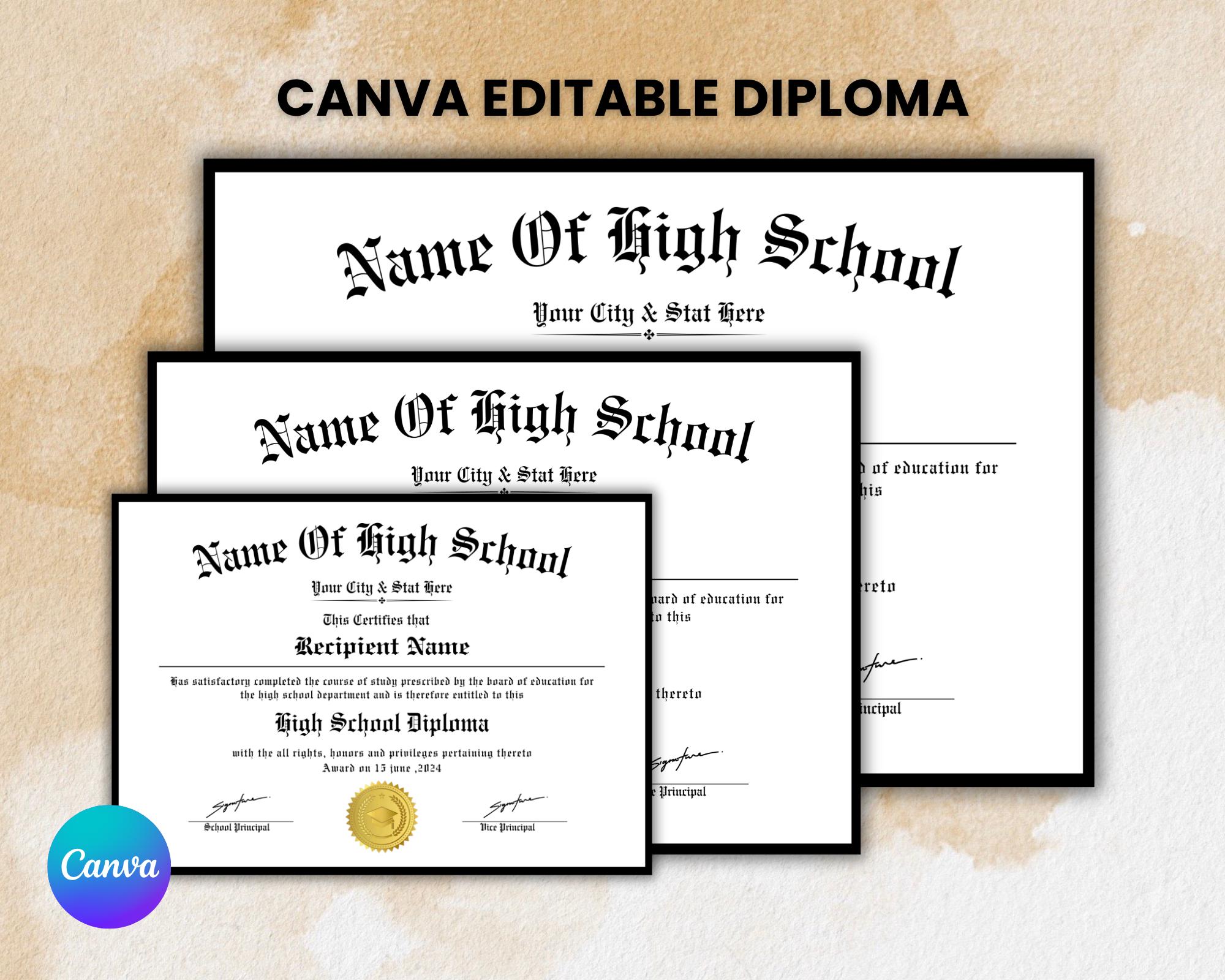Editable High School Diploma Template: Canva Customizable (digital ...
