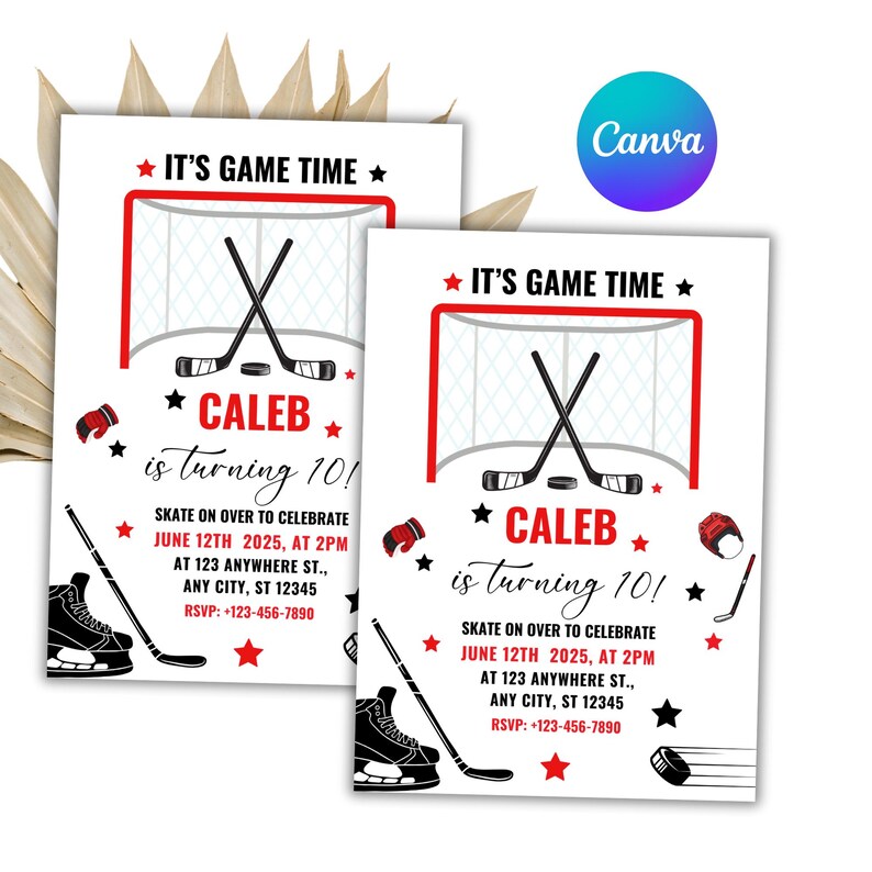 Editable Ice Hockey Birthday Invitation: Game Time Party (canva ...