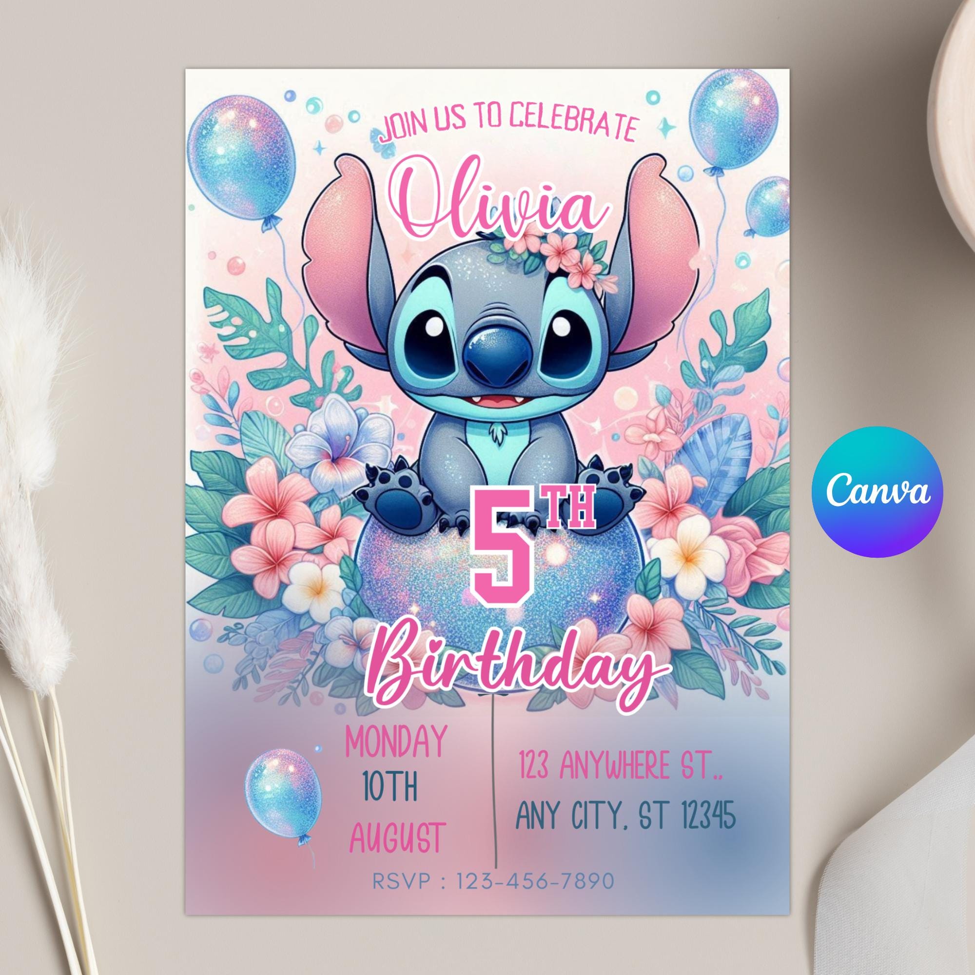 Stitch Birthday Invitation Template Editable Canva 5×7 Digital Invite ...