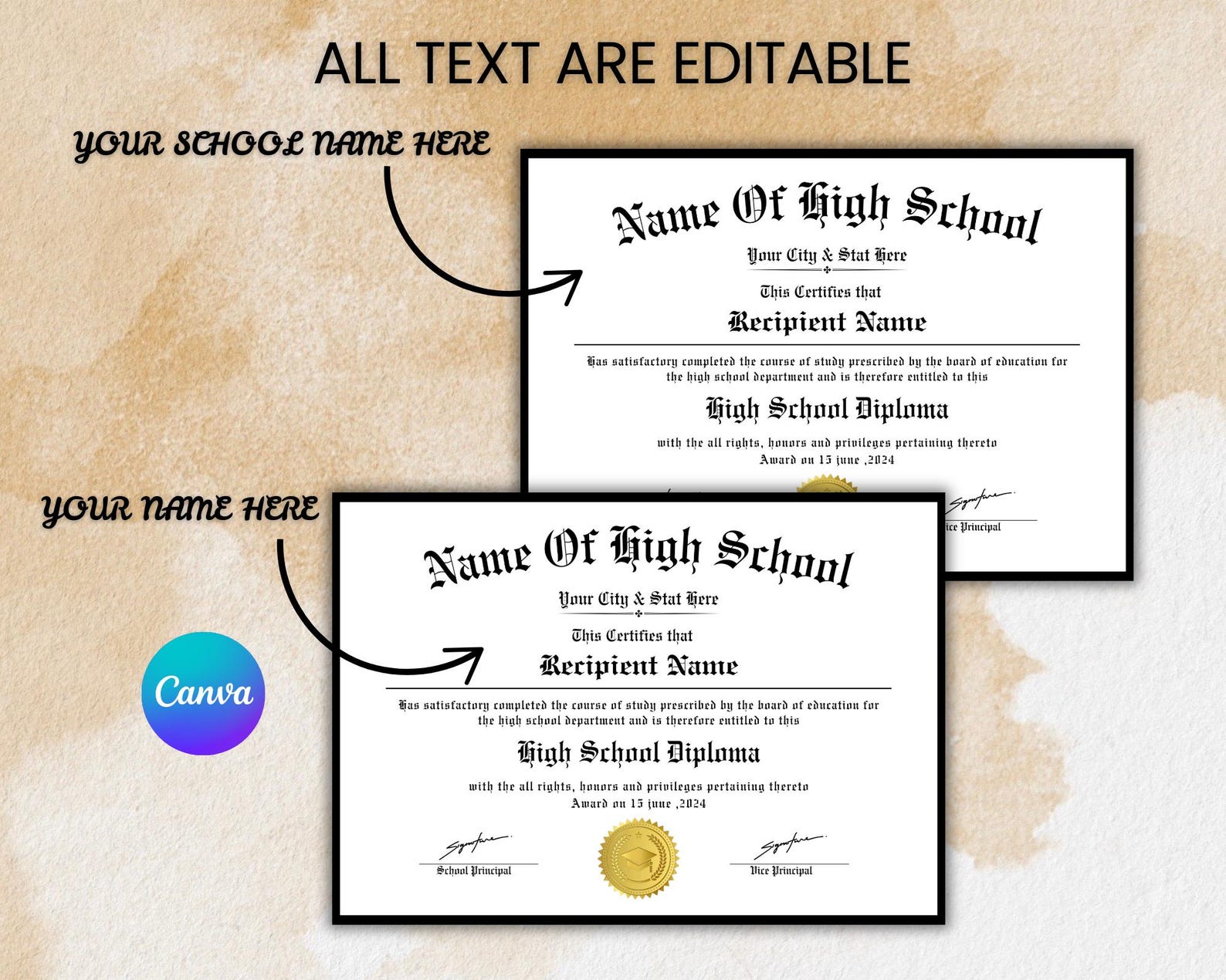 Editable High School Diploma Template, High School Diploma, Diploma ...