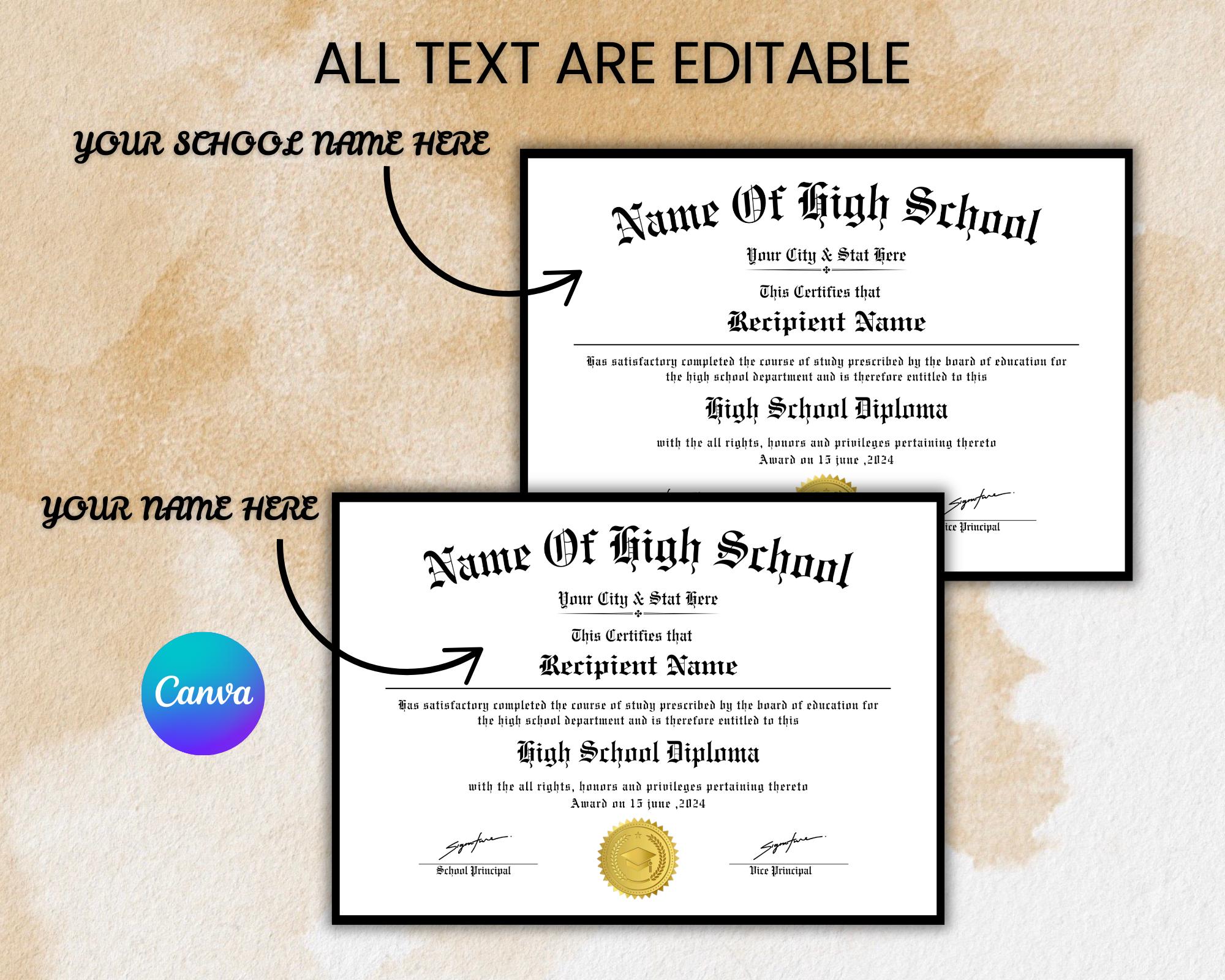 Editable High School Diploma Template, High School Diploma, Diploma ...