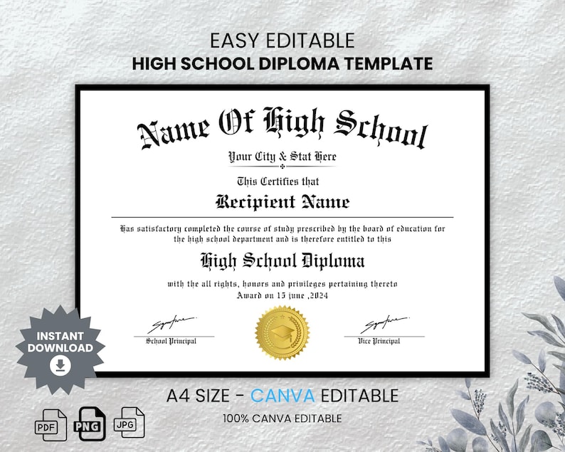 Editable High School Diploma Template: Canva Customizable (digital ...