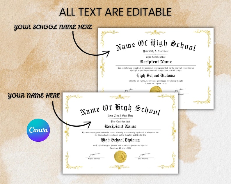Printable High School Diploma Template: Editable Canva Design (digital ...