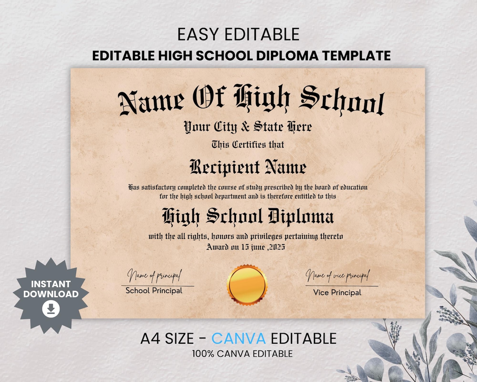 Editable High School Diploma Template, Printable Home School Diploma ...