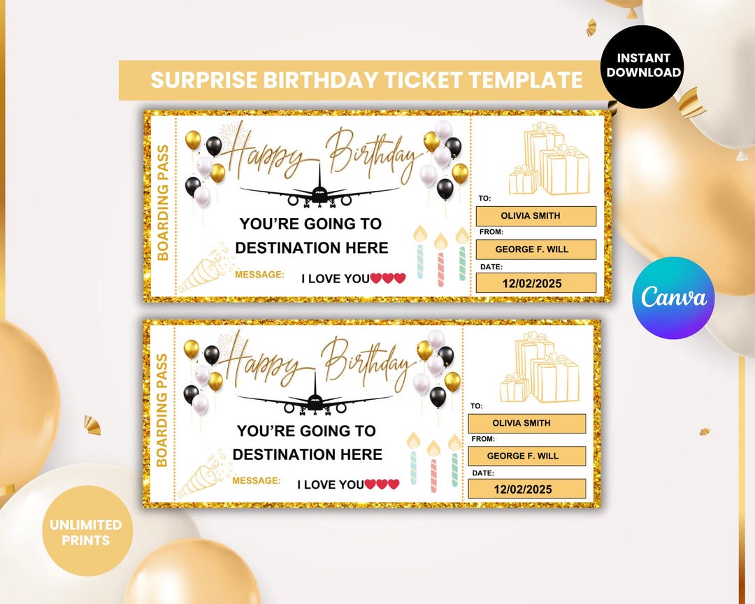Surprise Birthday Trip Ticket Template, Happy Birthday Gift Ticket ...
