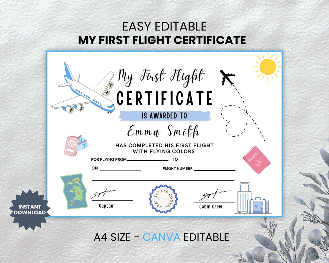 My First Flight Certificate for Kids, Vacation Gift Template, Toddler’s ...