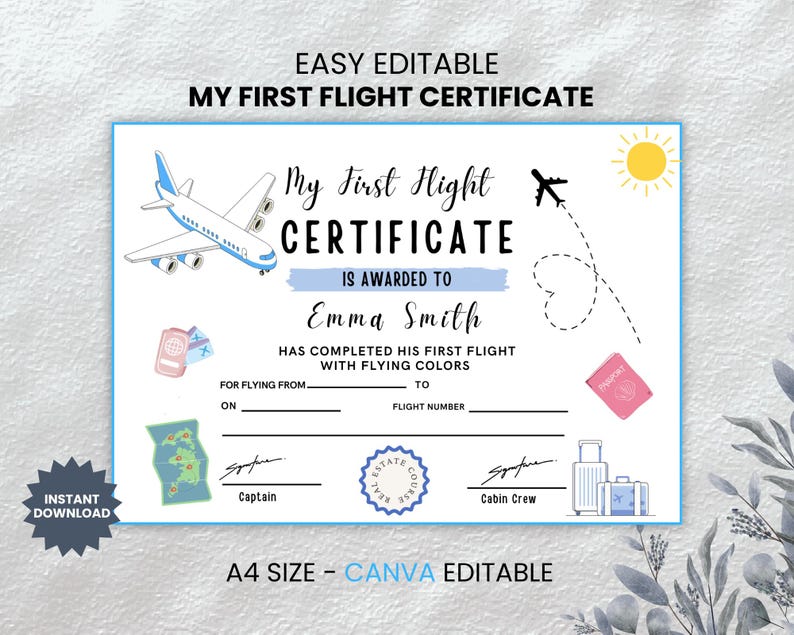 My First Flight Certificate for Kids, Vacation Gift Template, Toddler’s ...