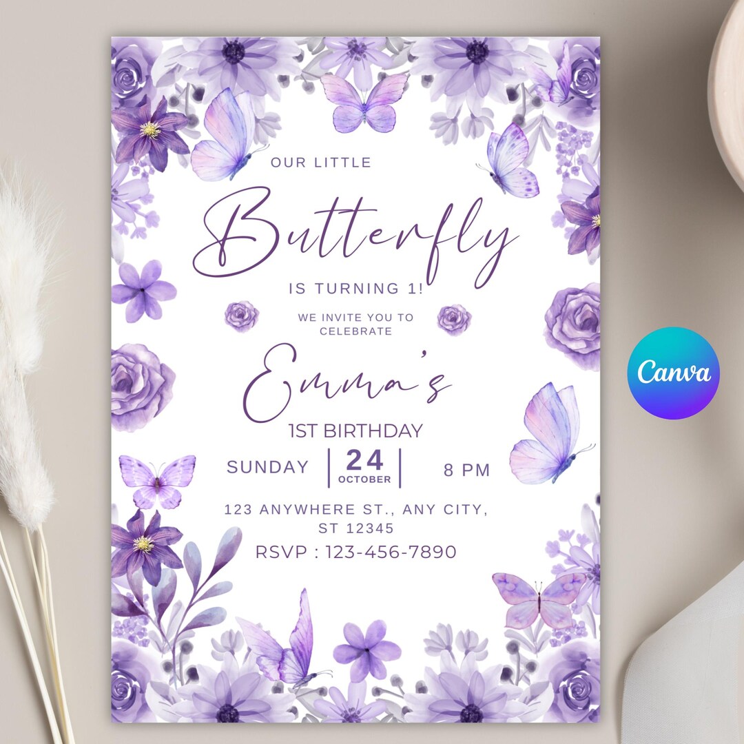 Editable Floral Butterfly 1st Birthday Invitation, Birthday Party ...