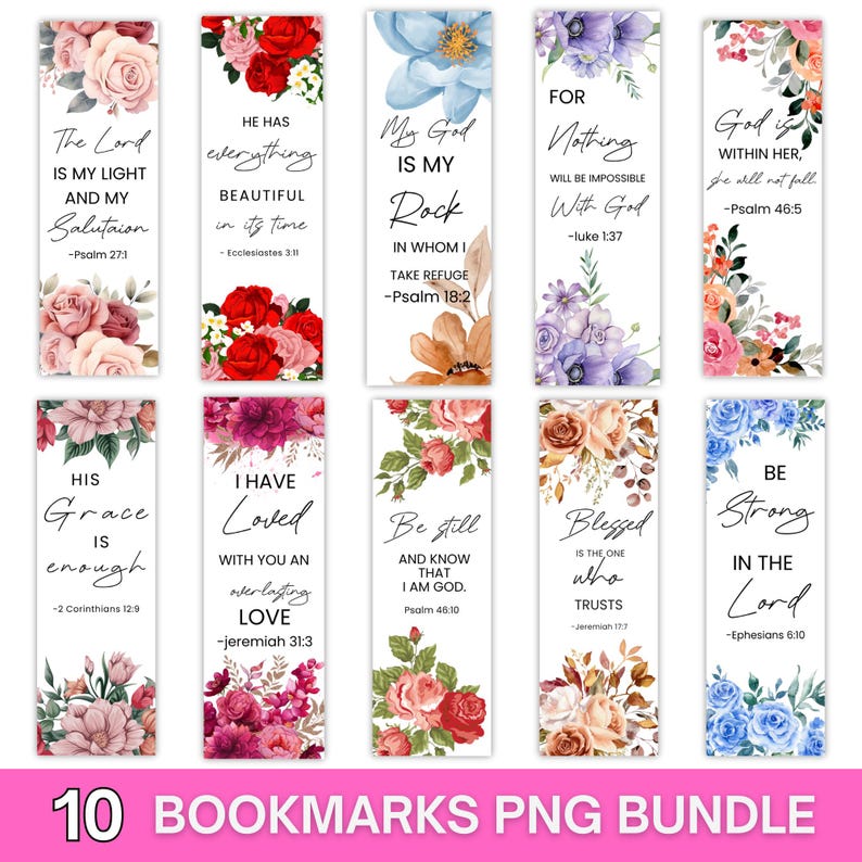 Floral Bible Verse Bookmark PNG Bundle: Printable, Inspirational ...