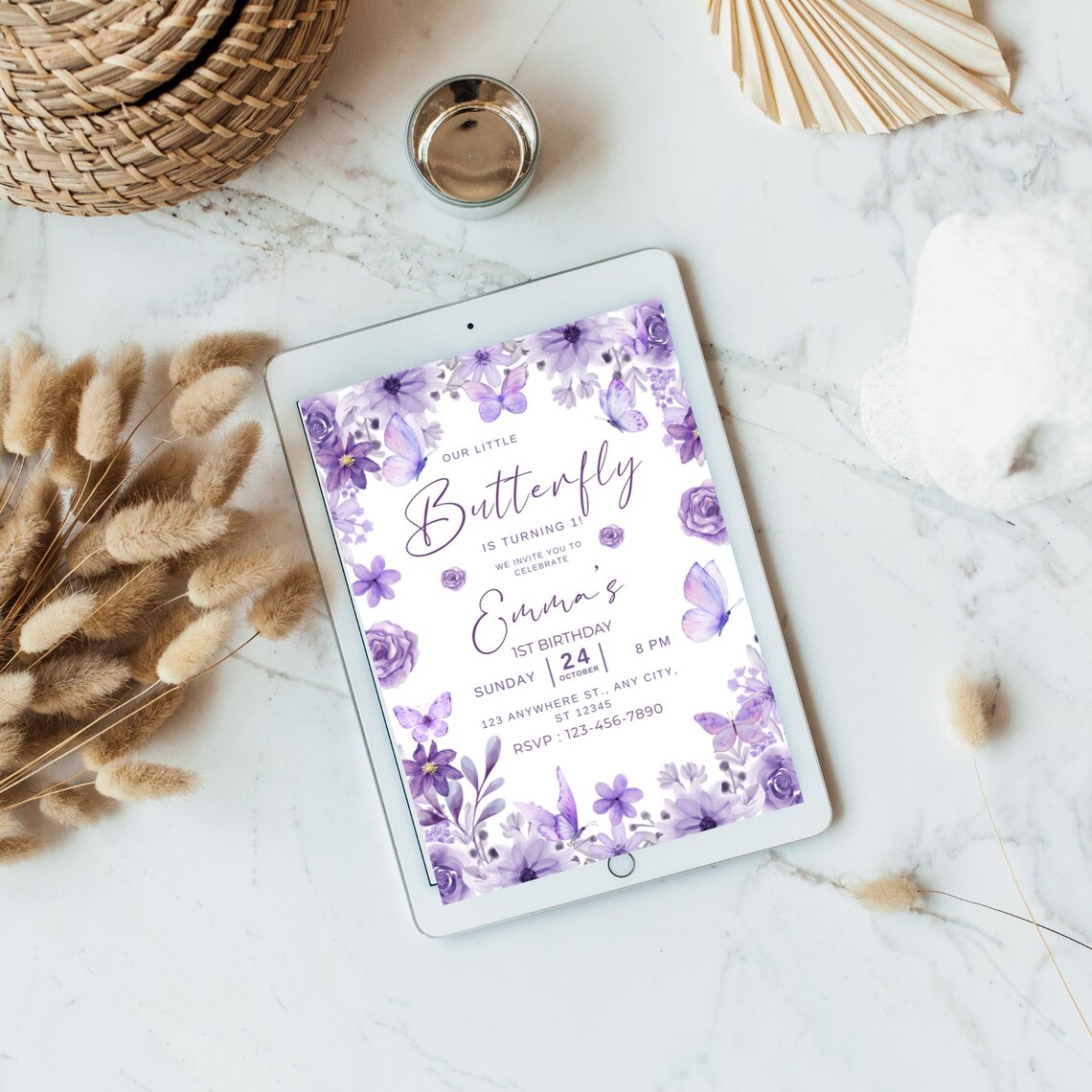 Editable Floral Butterfly 1st Birthday Invitation, Birthday Party ...
