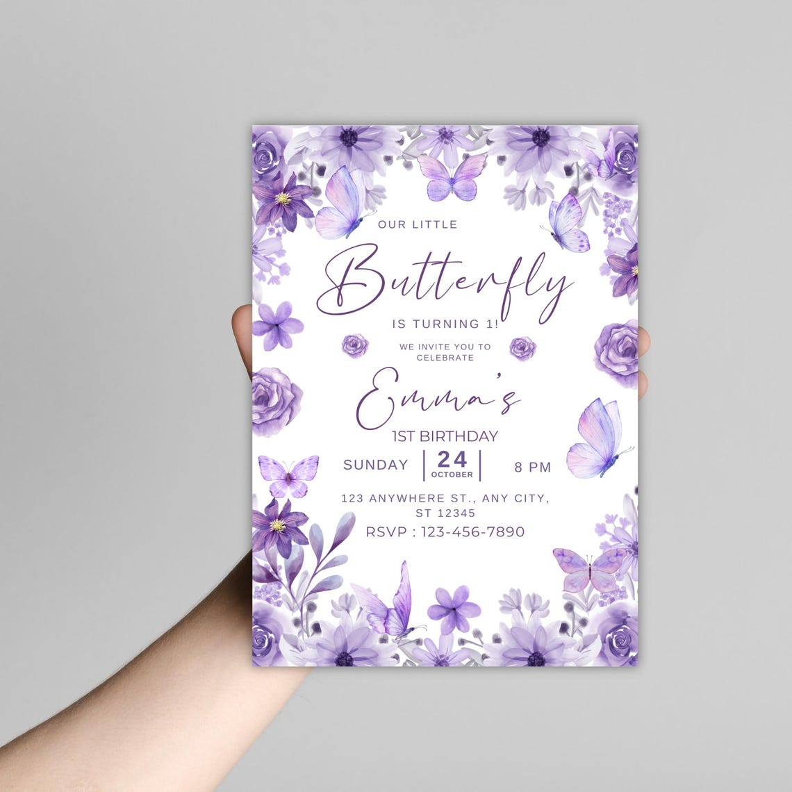 Editable Floral Butterfly 1st Birthday Invitation, Birthday Party ...