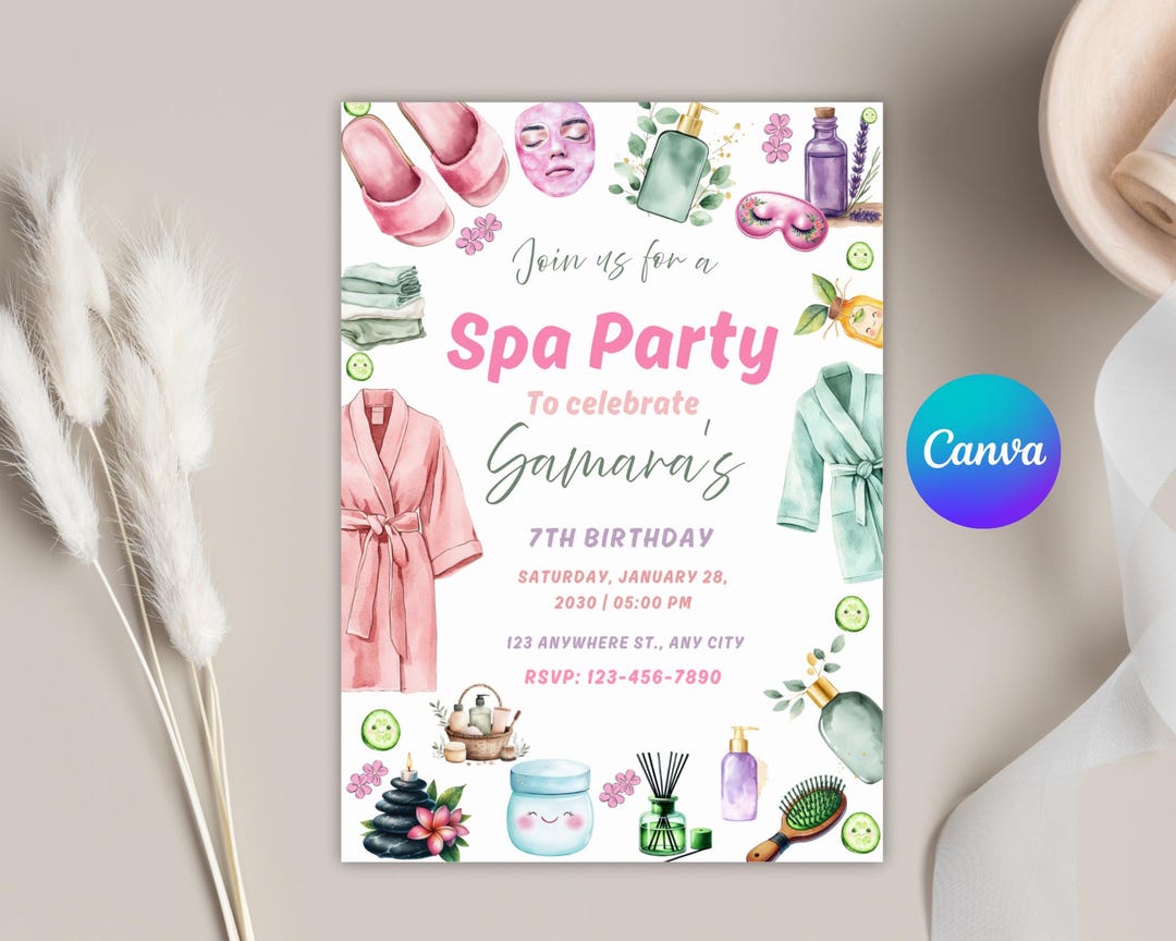Editable Girls Spa Birthday, Spa Party Birthday Invitation, Pamper ...