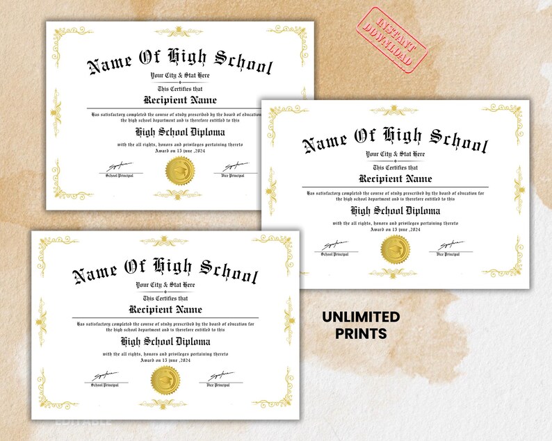 Printable High School Diploma Template: Editable Canva Design (digital ...