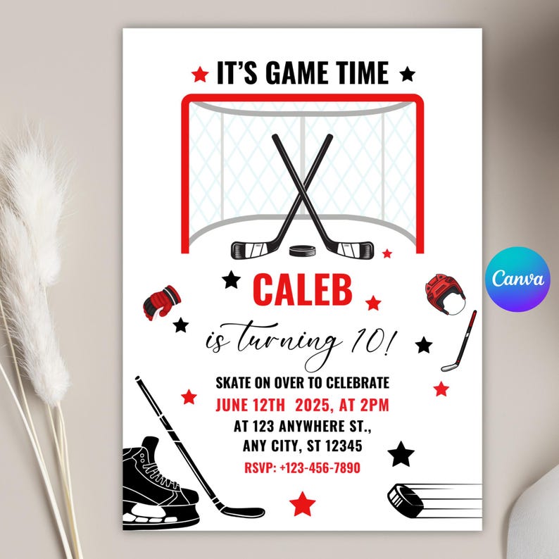 Editable Ice Hockey Birthday Invitation: Game Time Party (canva ...