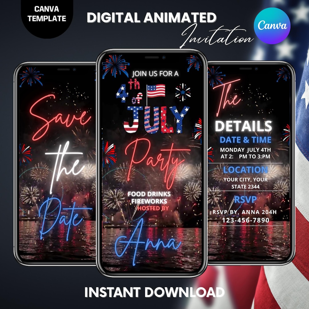 4th of July Party Fireworks Invitation, Independence Day BBQ or Bonfire ...