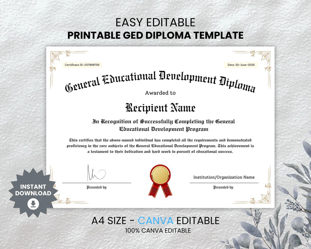 Printable GED Diploma Template, High School Diploma, School Equivalency ...