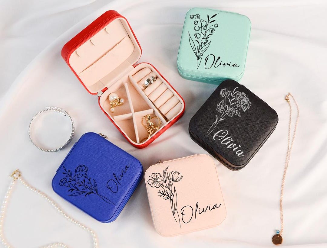 Personalized Leather Jewelry Box With Birth Flower, Travel Jewelry ...