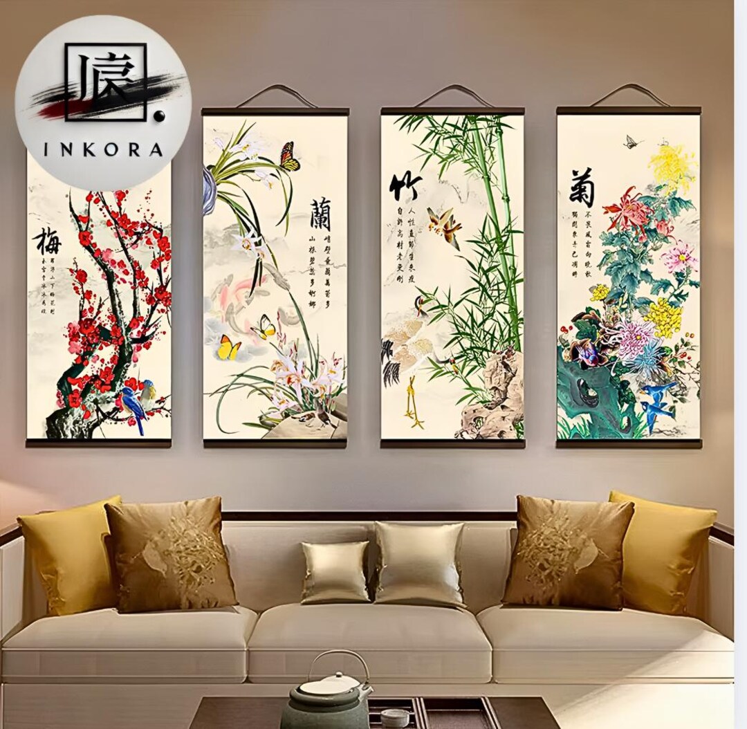 Chinese Scroll Wall Art, Framed Canvas Hanging, Elegant Nature Prints ...
