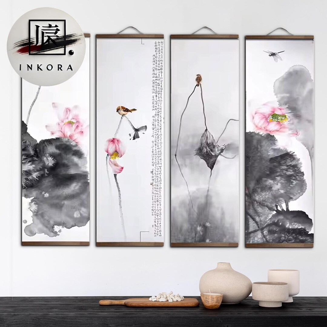 Traditional Chinese Ink Lotus Scrolls, Bird and Flower Wall Art, Framed ...