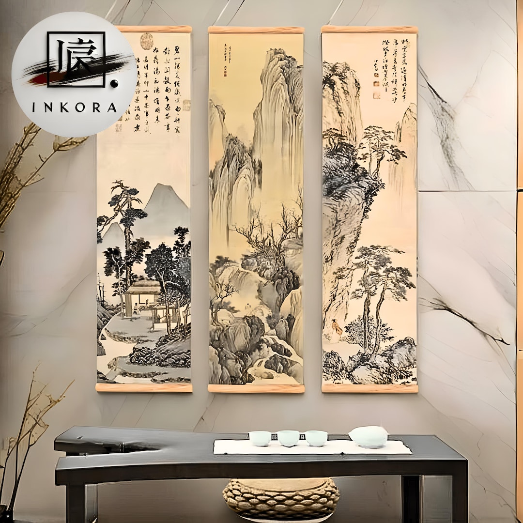 Chinese Scroll Wall Art, Traditional Asian Decor, Framed Canvas Hanging ...