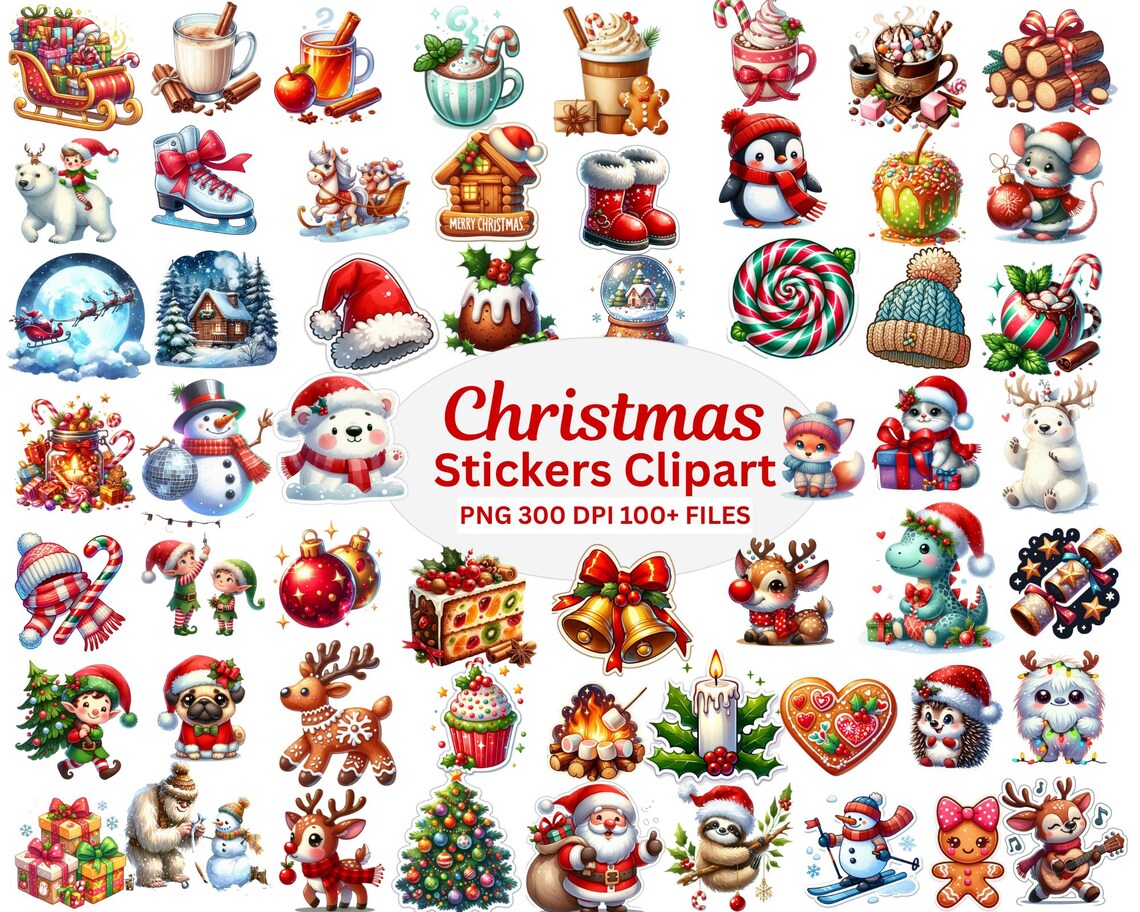 100 Christmas Stickers Clipart Bundle PNG | Festive Holiday Clipart Set ...