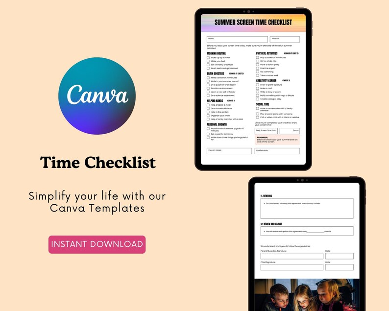 Summer Screen Time Checklist Canva Template, Kids Chore Chart (digital ...