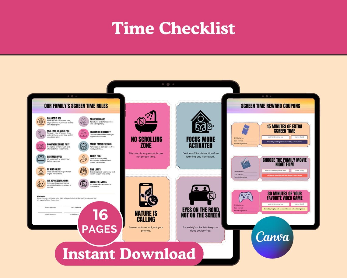 Summer Screen Time Checklist Canva Template, Kids Chore Chart (digital ...