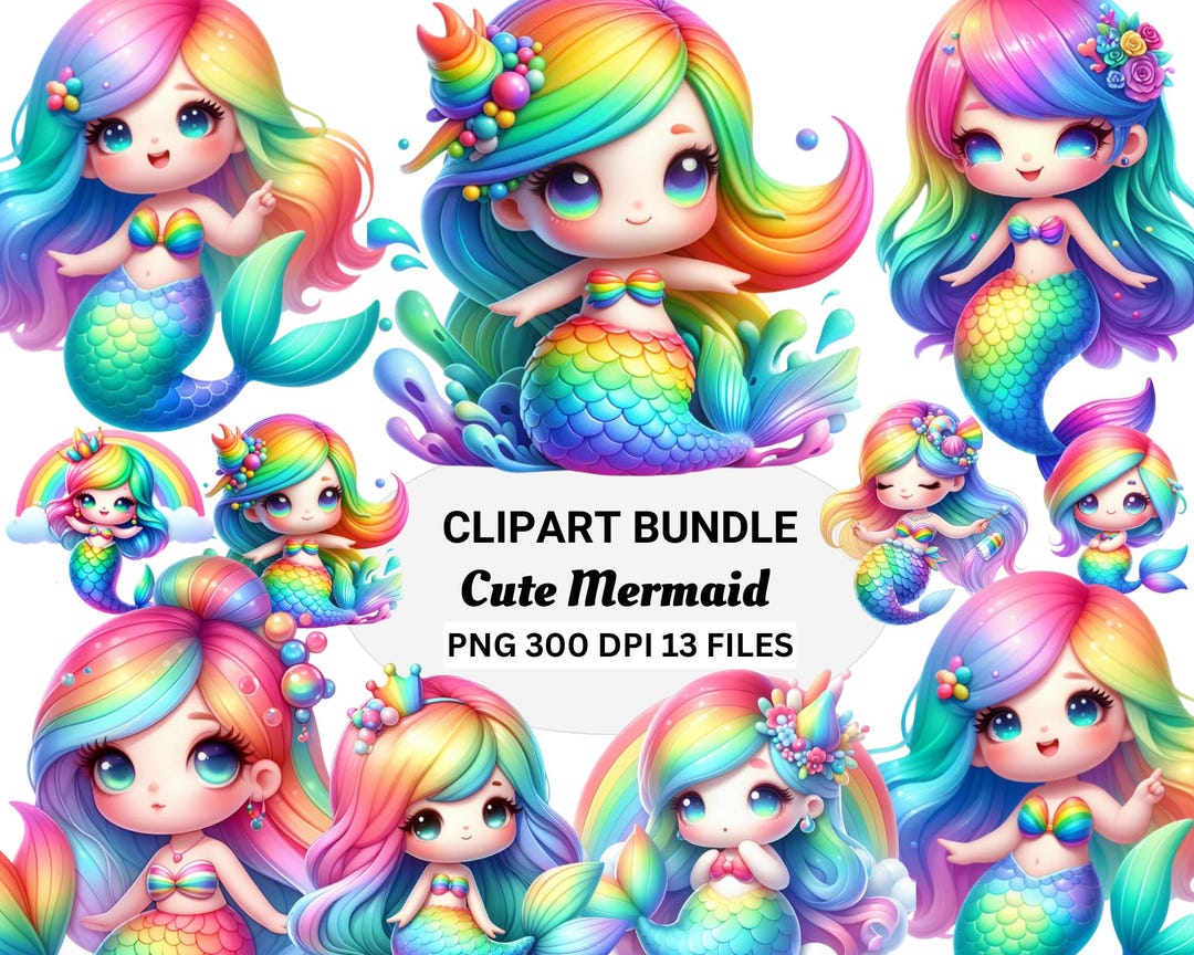 Rainbow Mermaid Clipart Bundle: Watercolor Fairy Tale Pngs - Etsy