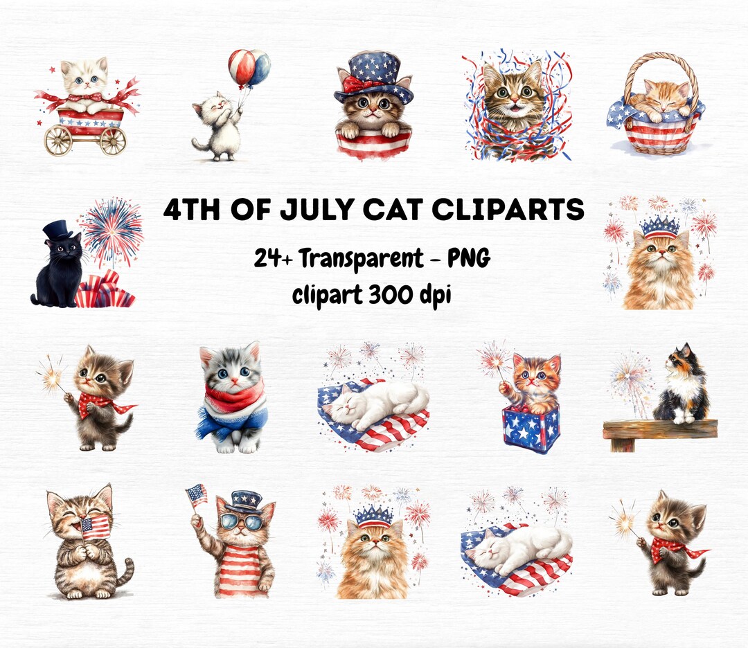 4th of July Cat Clipart Bundle, Funny Cat Clipart, Patriotic Cat Png ...