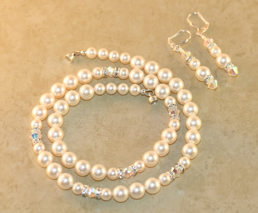 Swarovski Crystal Pearl Necklace and Earrings: Bridal Jewelry Set - Etsy