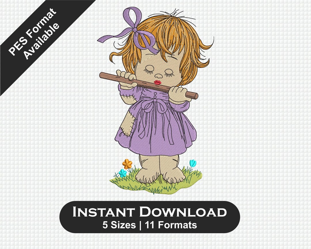 Flute Girl Embroidery Design: Vintage Style Machine Embroidery File ...