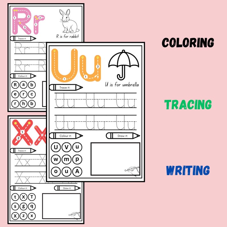 Alphabet Tracing, Coloring, & Writing Practice Worksheets With Words ...