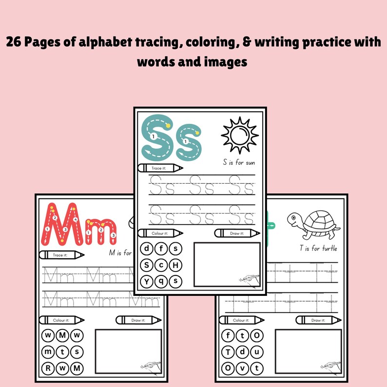 Alphabet Tracing, Coloring, & Writing Practice Worksheets With Words ...