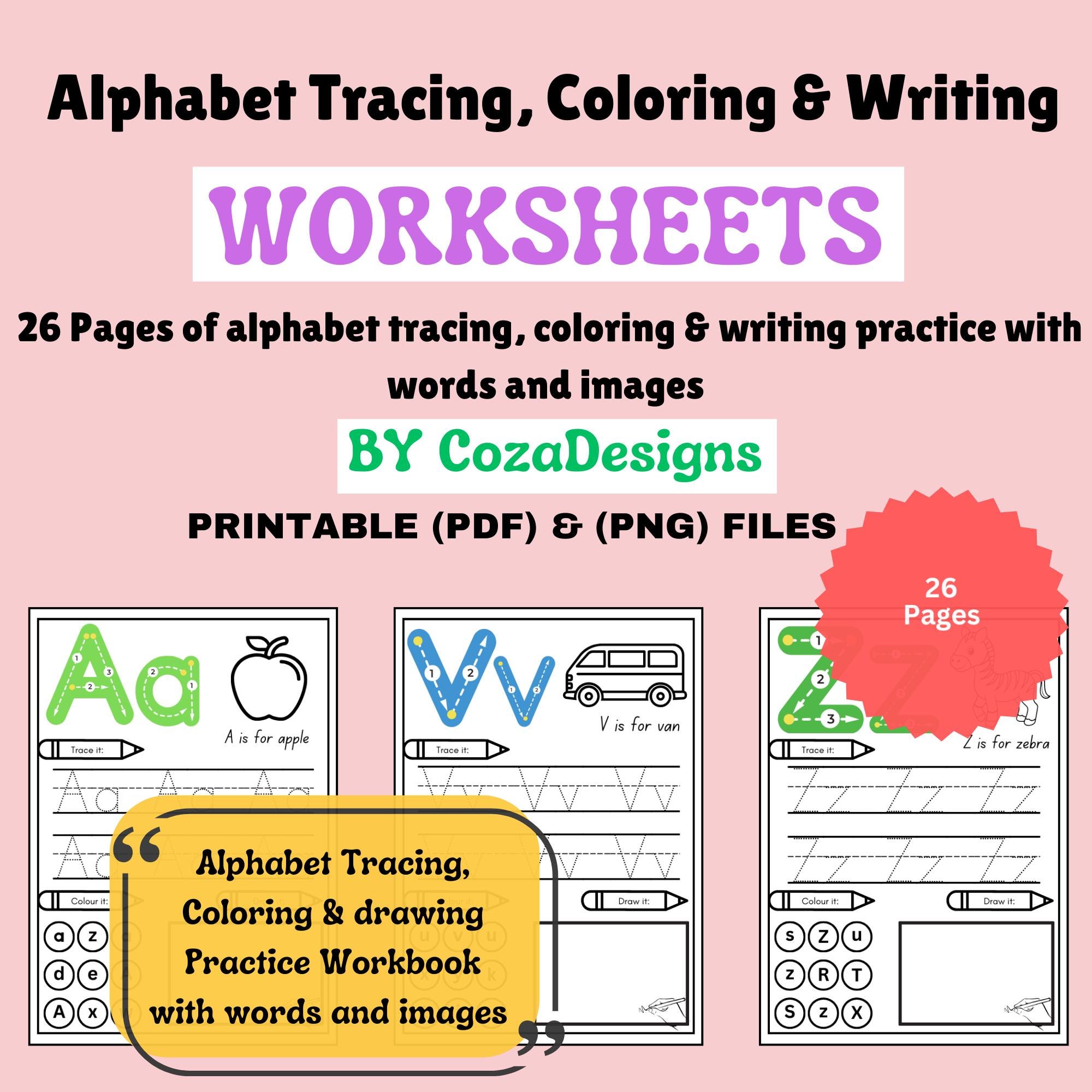 Alphabet Tracing, Coloring, & Writing Practice Worksheets With Words ...