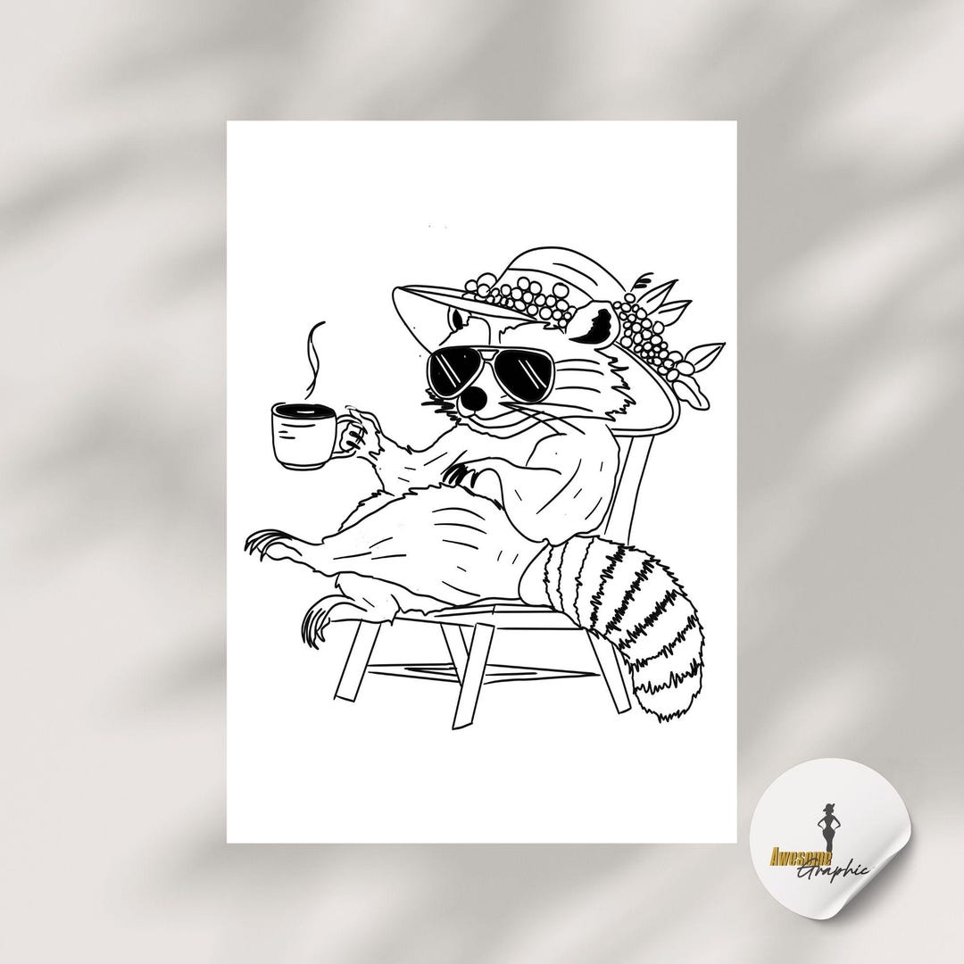Funny Summer Racoon Print | Cute Racoon Poster | With Coffee | College ...