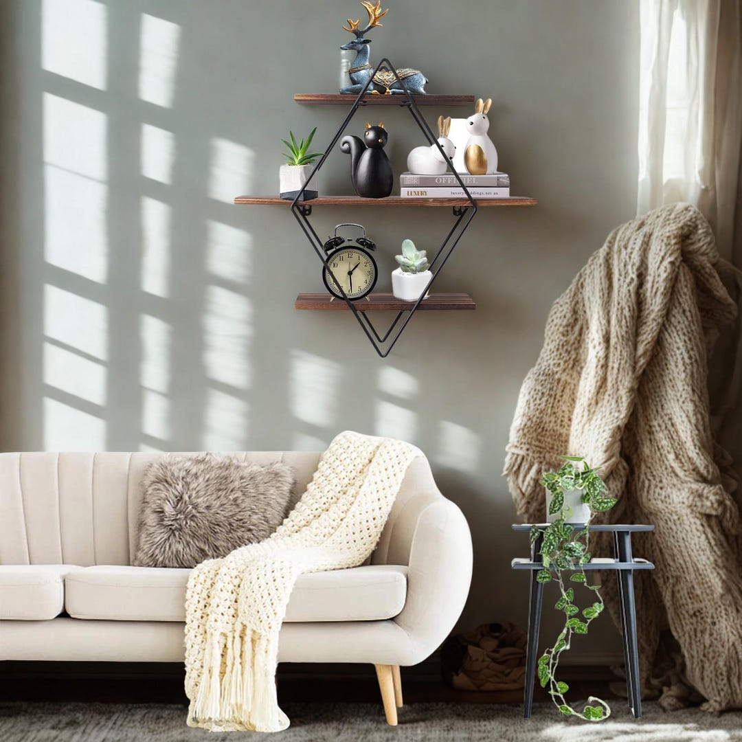 3-tier Industrial Geometric Floating Shelves: Rustic Paulownia Wood - Etsy