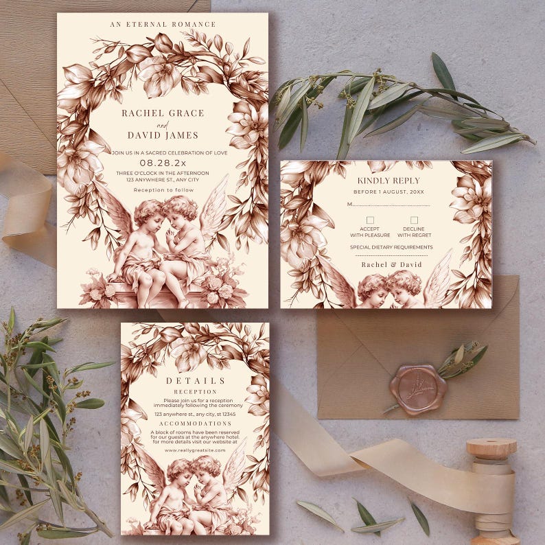 Cherub Wedding Invitation Template Set, Vintage Angel Theme, Printable ...