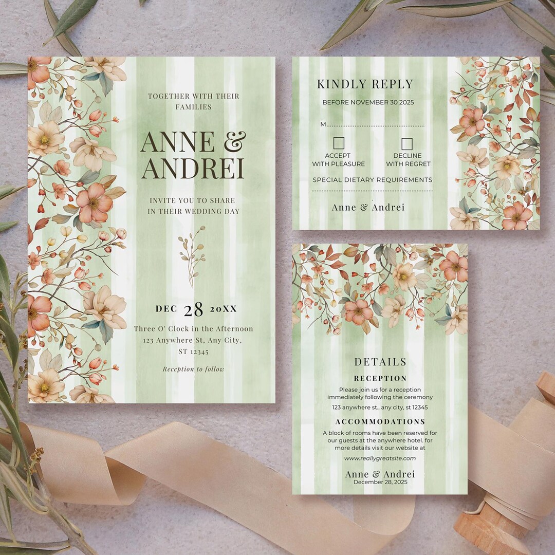 Retro Green Stripes Wedding Invitation Bundle, Botanical Floral ...