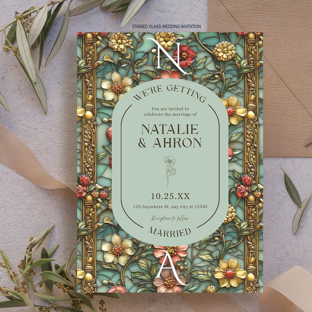 Stained Glass Wedding Invitation, Floral Art Nouveau Printable Invite ...