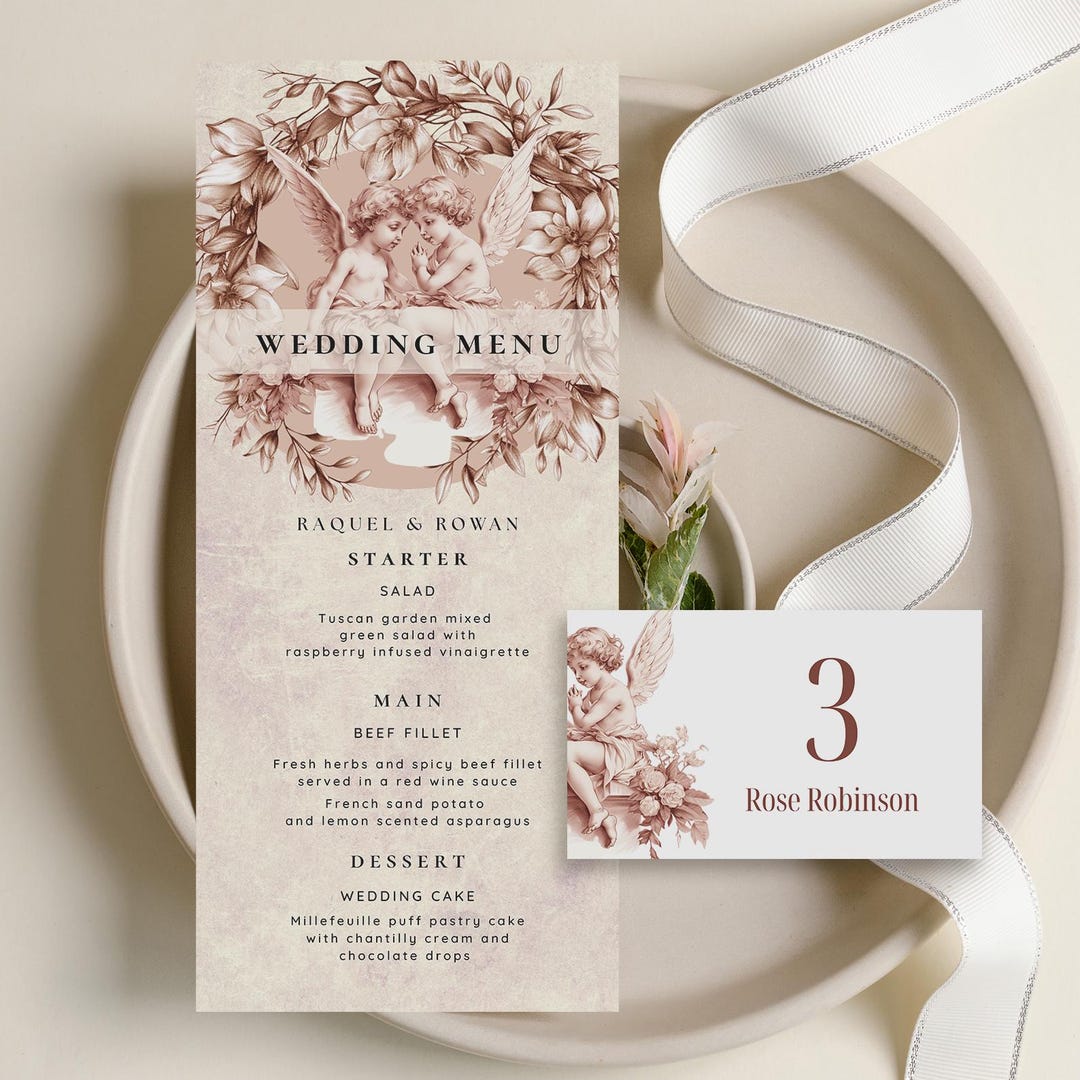 Cherub Angel Theme Wedding Menus + Place Cards, Folded and Flat ...