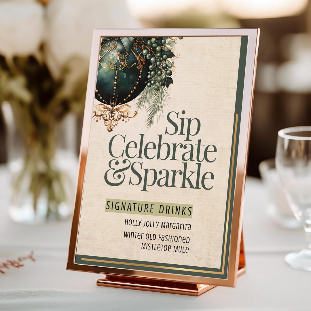 Emerald Green Christmas Bar Sign Template, Holiday Wedding Signature ...
