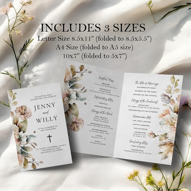 Catholic Wedding Program Printable, Watercolor Flowers, Order of Mass ...