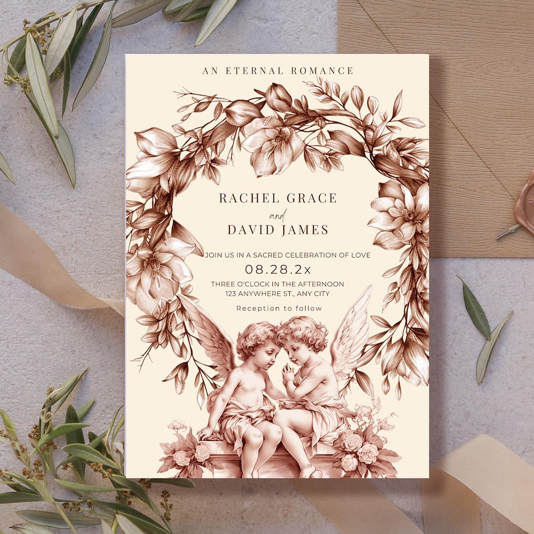 Cherub Wedding Invitation Template Set, Vintage Angel Theme, Printable ...