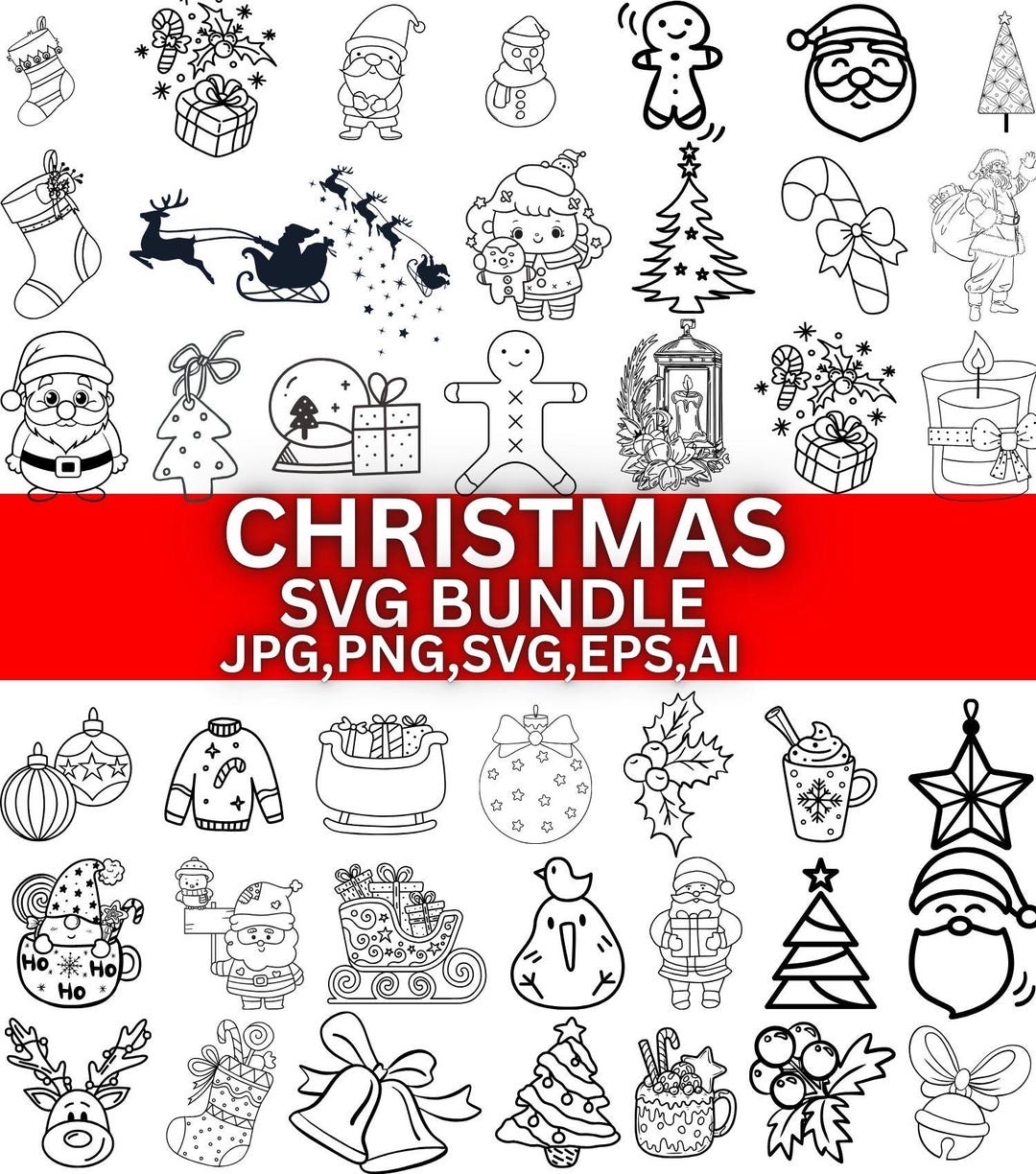 Christmas SVG Bundle, 50+ Line Art Holiday Cut Files, Santa Reindeer ...