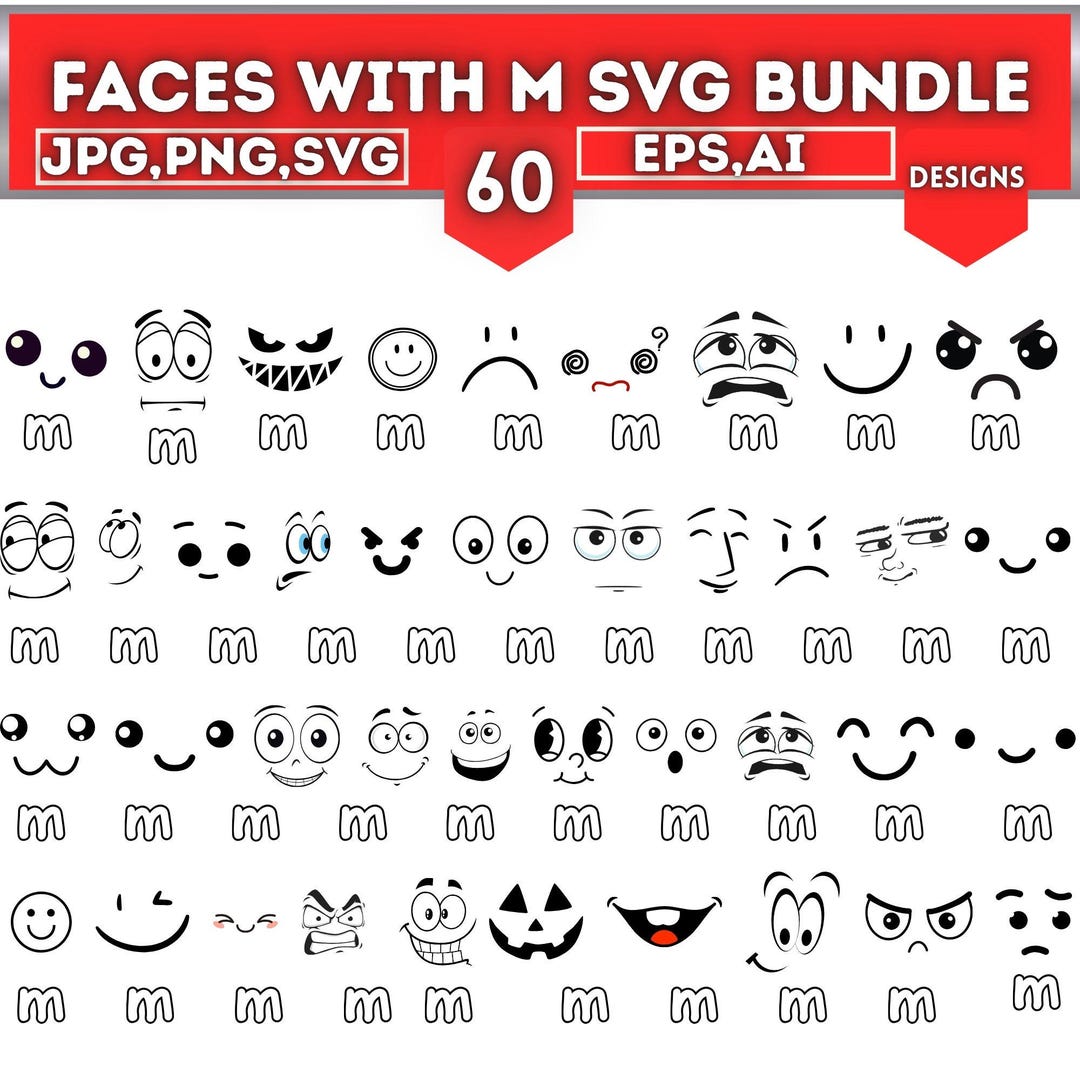 Candy Face SVG Bundle | 60 Cartoon Expressions | M Letter Logo Clipart ...