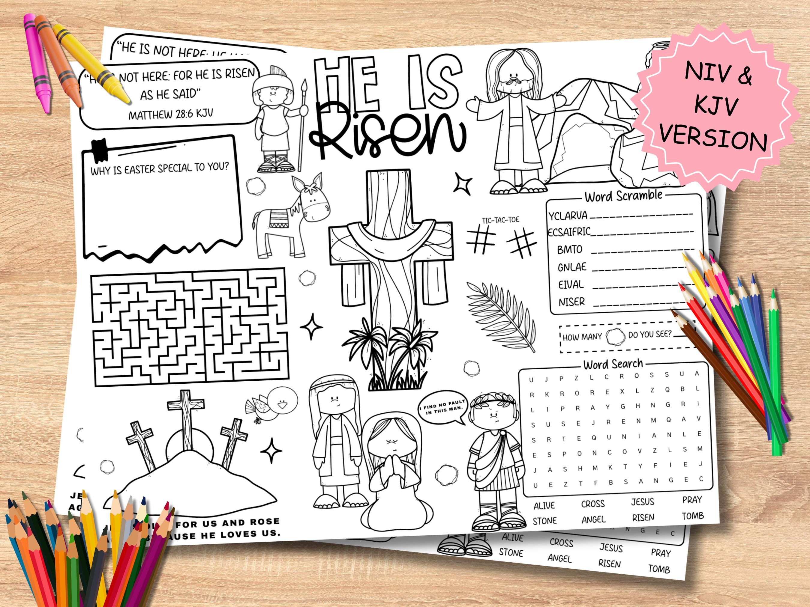 He is Risen Easter Activity Sheet | Kids Bible Word Search, Maze ...