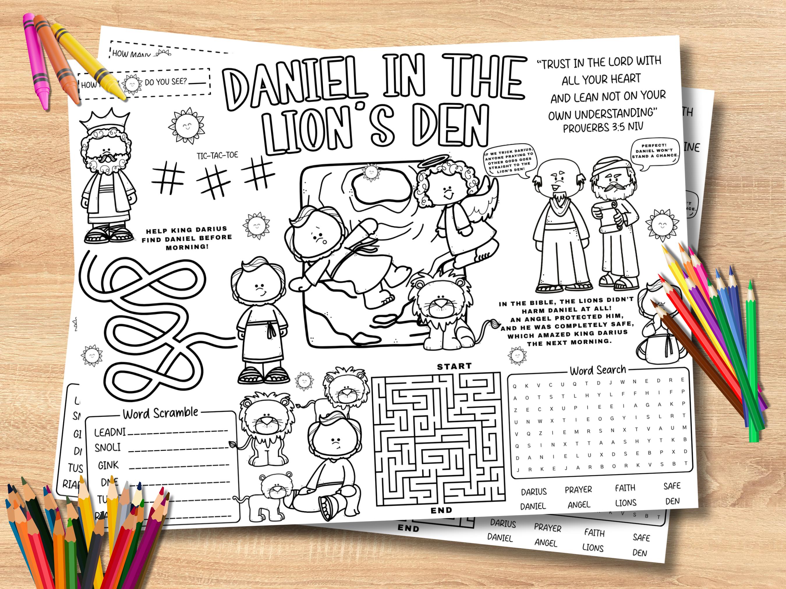 Daniel in the Lions Den Activity Placemat | Bible Story Worksheet for ...