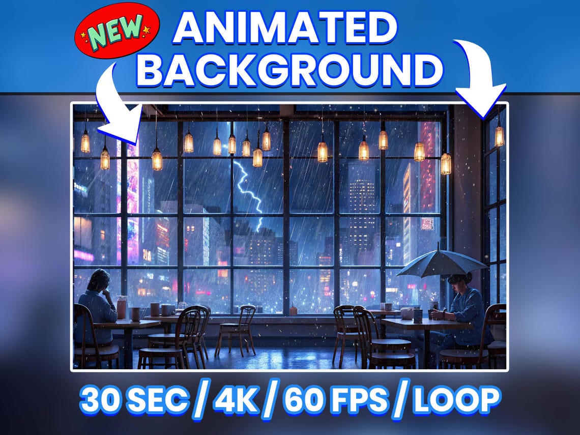 Animated Rainy Cafe Vtuber Background, 4K Twitch Stream Overlay, Dark ...